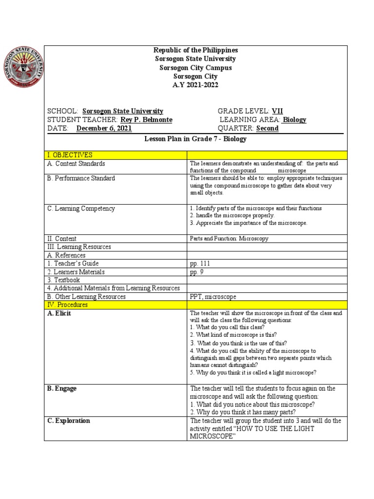 Lesson Plan Microscope | PDF | Microscope | Learning