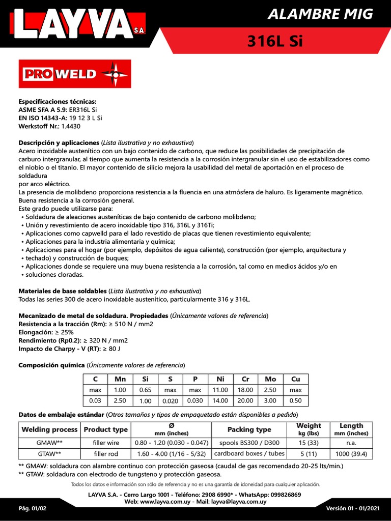 Ficha Tecnica de Acero Inoxidable 316L Si | PDF | Acero inoxidable | Acero