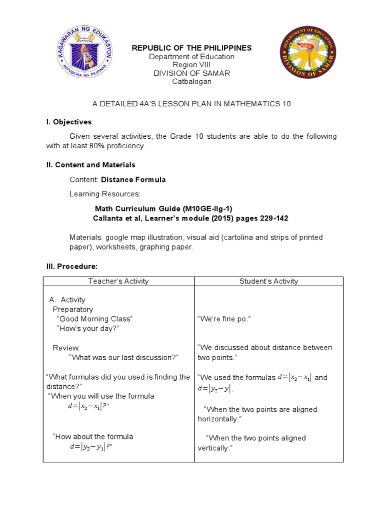 Distance Formula Lesson Plan Explains Calculating Distances Between ...