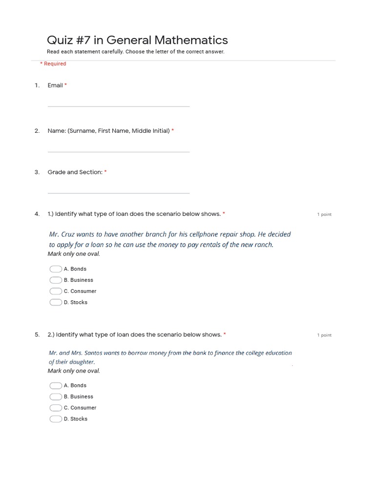 Quiz #7 in General Mathematics - Google Forms | PDF | Loans | Interest