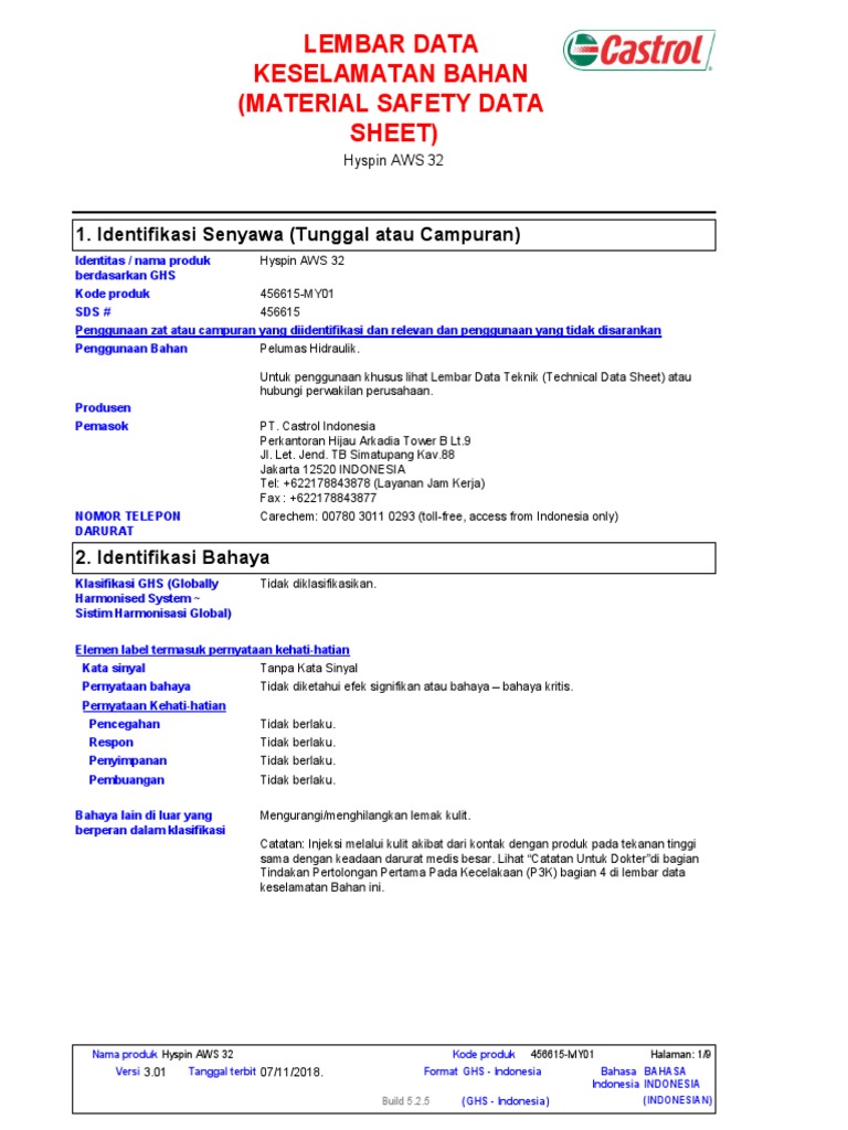 Castrol Hyspin AWS 32 - MSDS (Indonesia) | PDF