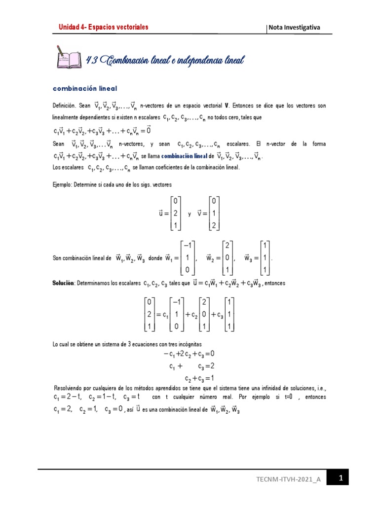 4.3 Combinacion Lineal e Independencia Lineal | PDF | Espacio vectorial | Escalar (Matemáticas)