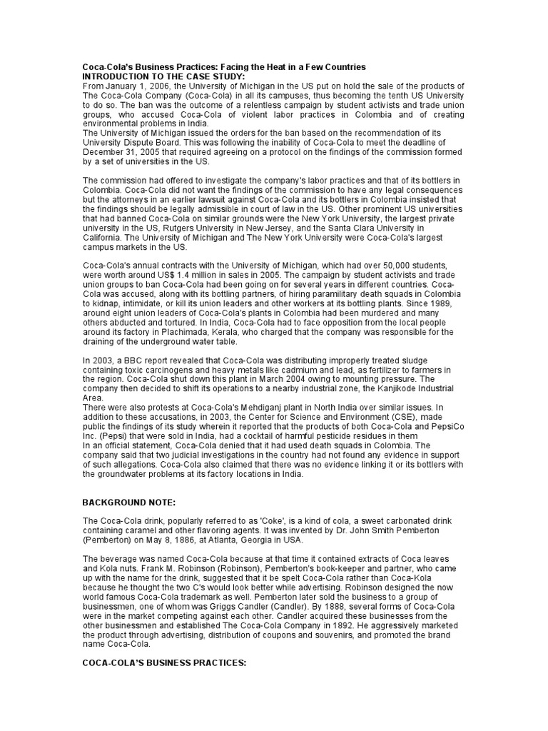 Coca-Cola's Business Practices: Facing The Heat in A Few Countries ...