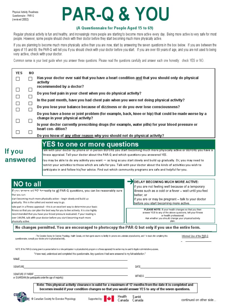 Par-Q & You: YES To One or More Questions | PDF | Clinical Medicine ...