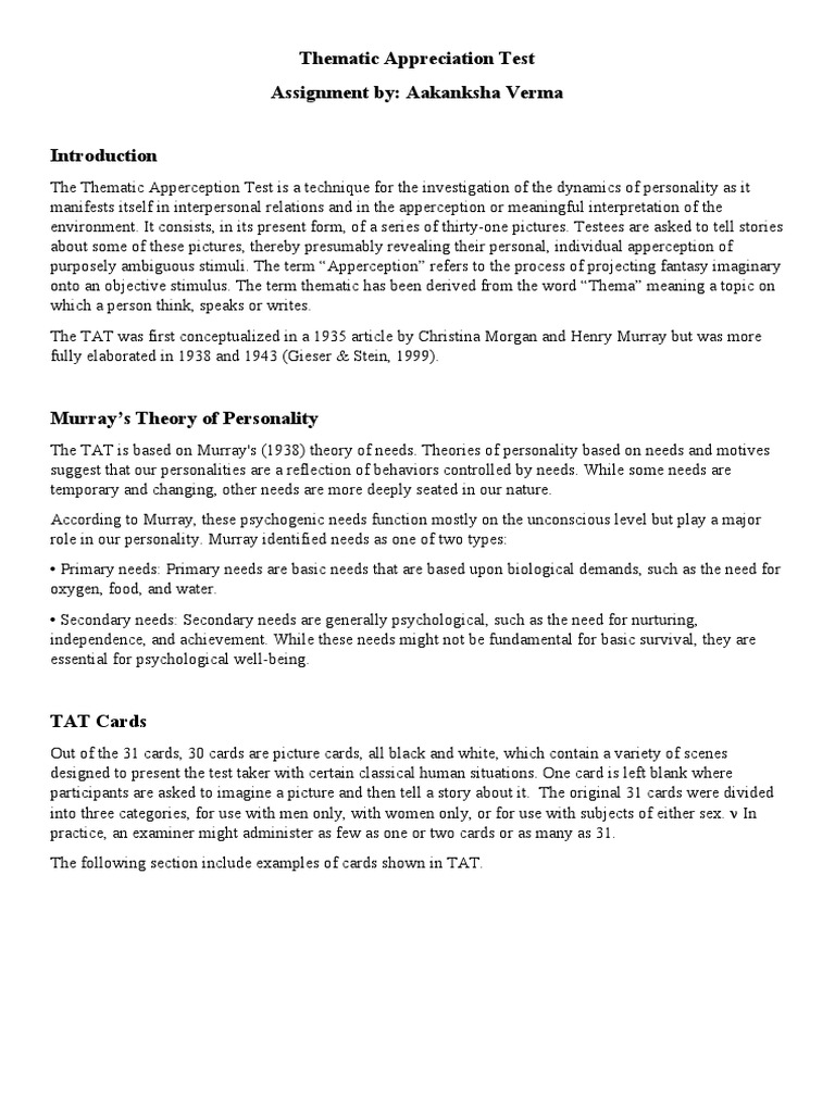 Thematic Appreciation Test Assignment By: Aakanksha Verma | PDF
