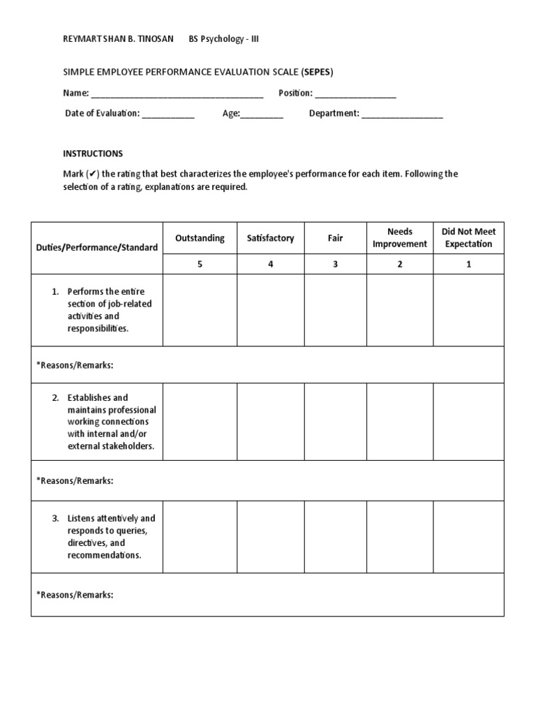 Simple Employee Performance Evaluation Scale | PDF | Reason ...