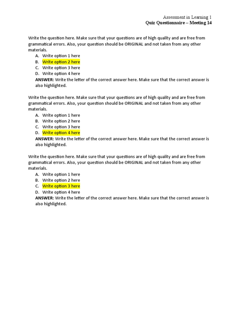 Learning 1 Quiz Questionnaire Template | PDF