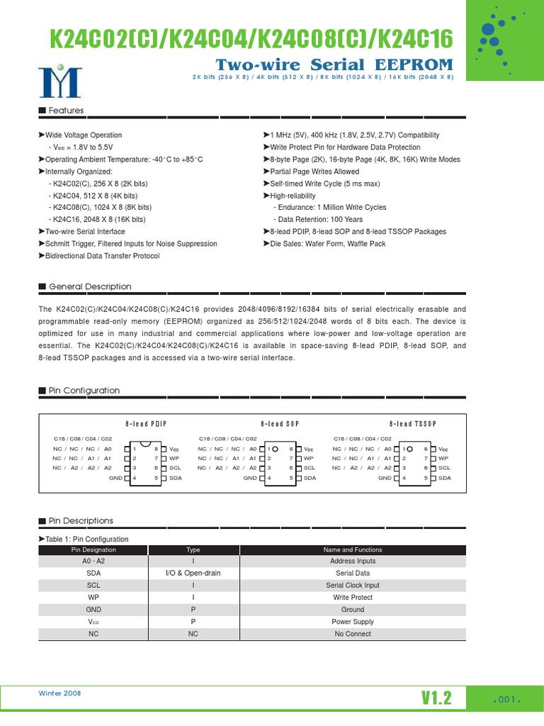K24C02 (C) /K24C04/K24C08 (C) /K24C16: Two-Wire Serial EEPROM | PDF | Microcontroller | Bit