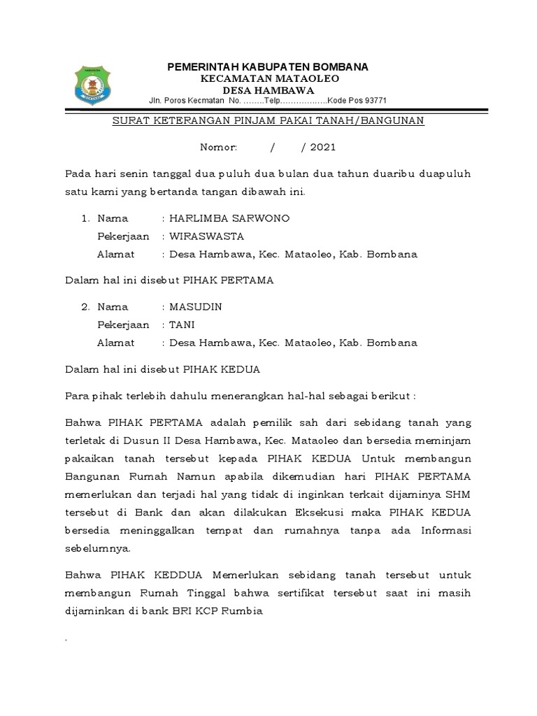Surat Pinjam Pakai Tanah Desa Hambawa | PDF