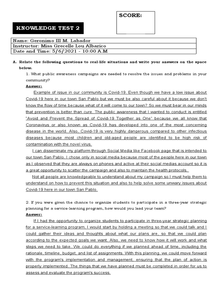 Knowledge Test 2 | PDF | Service Learning | Social Media