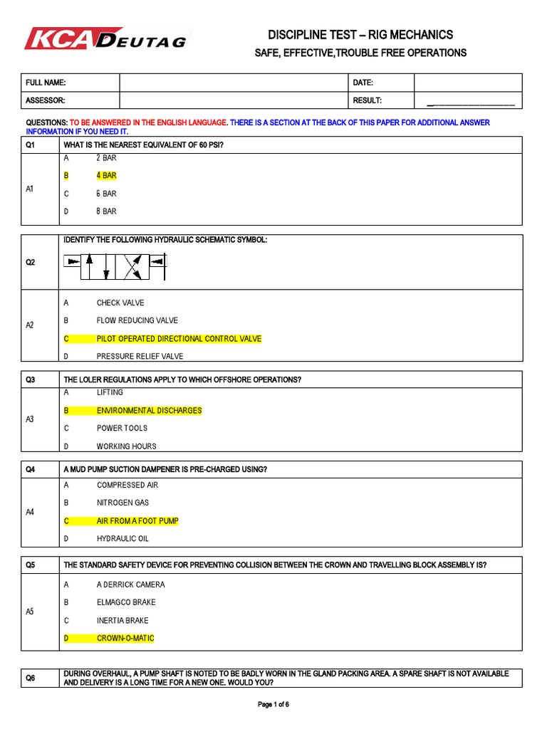 Rig Mechanics Discipline Test - Eng | PDF | Pump | Valve