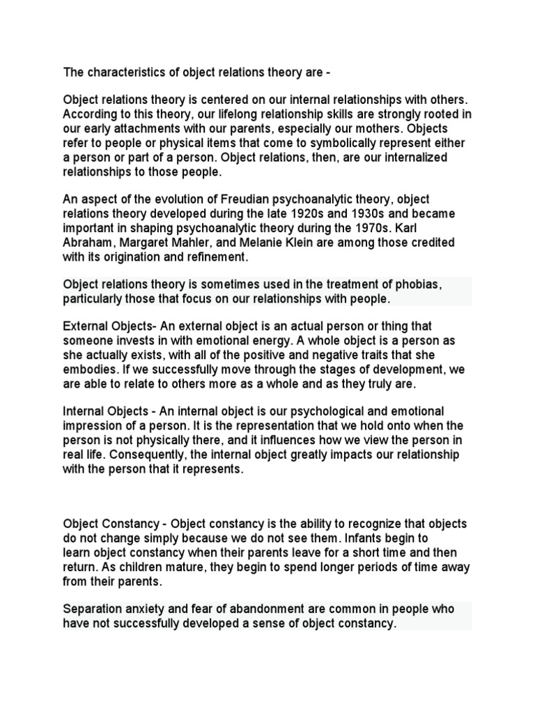 The Characteristic of Object Relations Theory Are | PDF | Object Relations Theory | Psychoanalysis