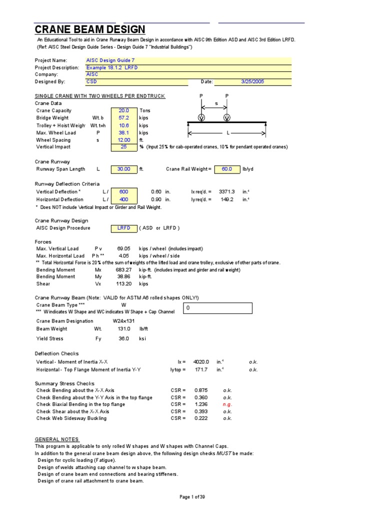 Crane Beam Design: AISC Design Guide 7 Example 18.1.2 LRFD Aisc CSD 3 ...