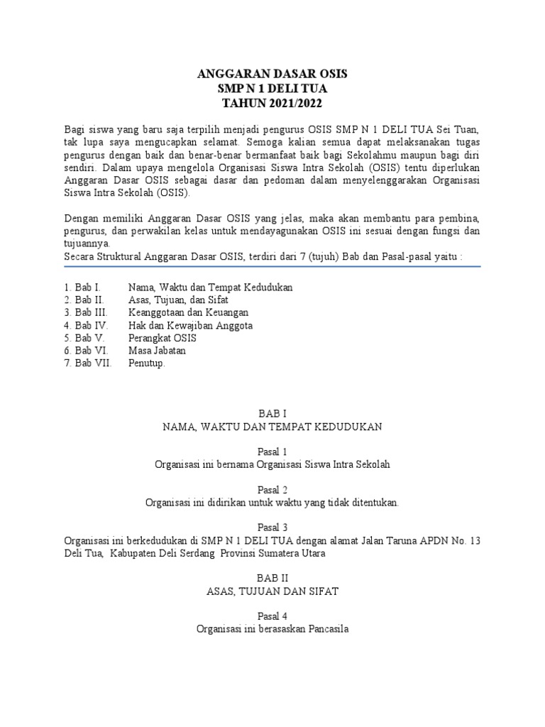 Anggaran Dasar OSIS SMP N 1 Deli Tua 2021/2022 | PDF