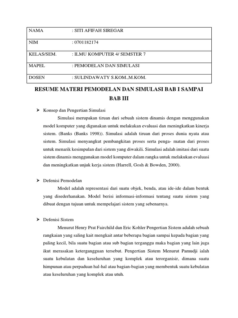 Resume Materi Pemodelan Dan Simulasi Bab I Sampai Bab Iii | PDF | Komputer