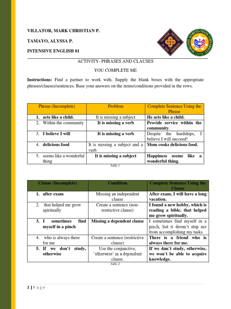 You Complete Me (Activity) | PDF | Clause | Sentence (Linguistics)