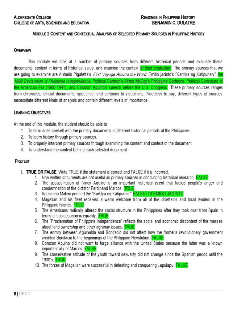 Module 2 Content And Contextual Analysis Of Selected Primary Sources In