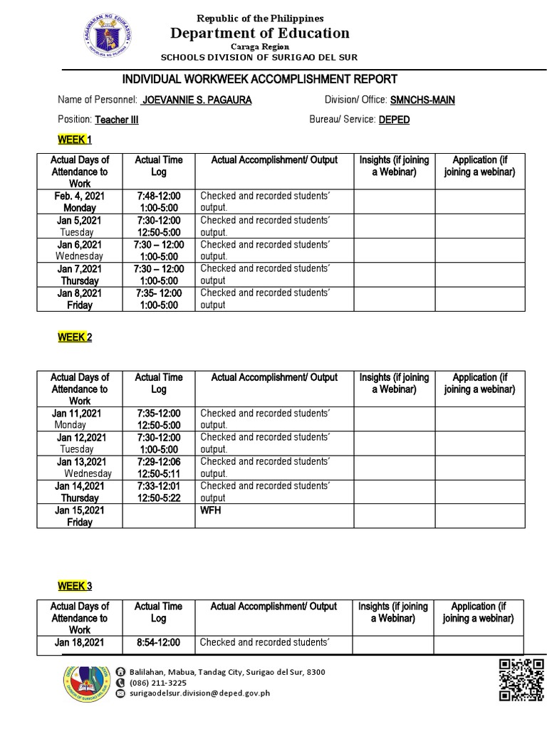 Department of Education: Individual Workweek Accomplishment Report | PDF