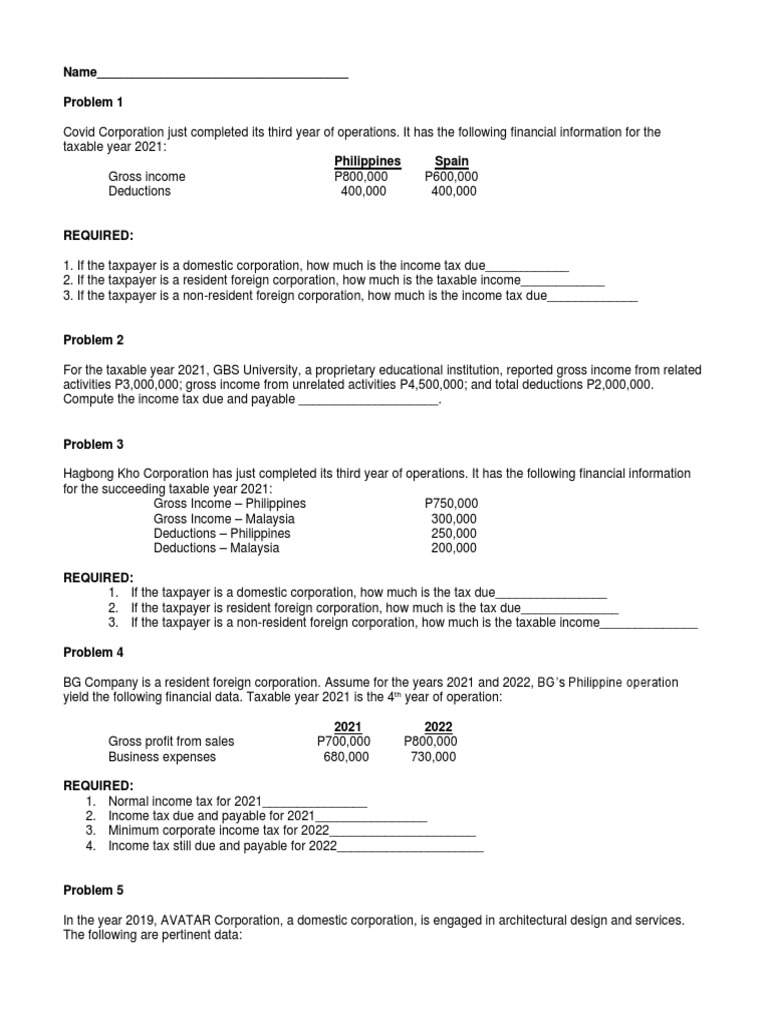 Income Taxation On Corporations Exercise Problems | PDF | Gross Income ...