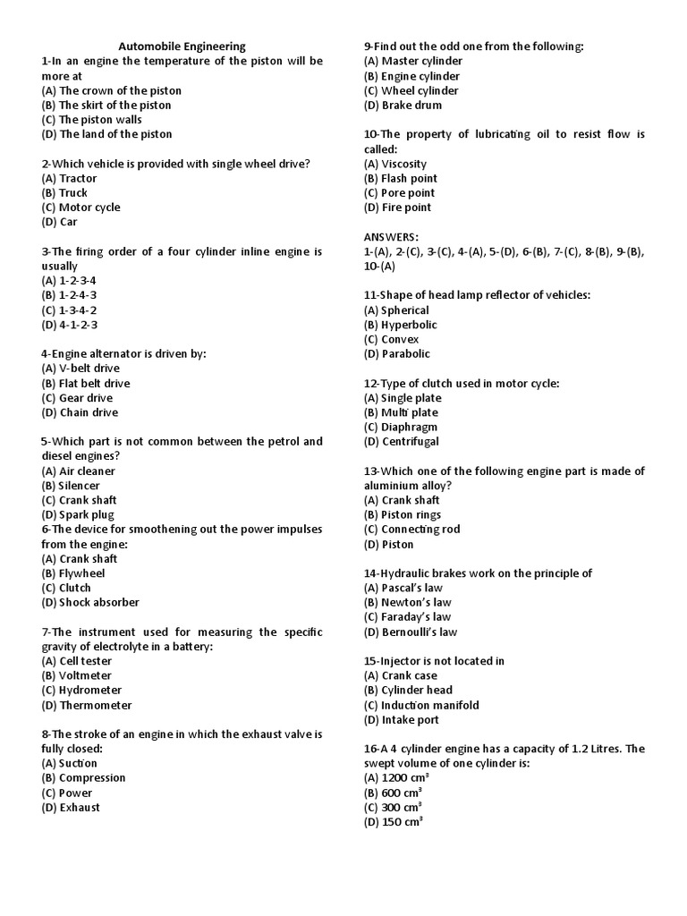 Automobile Engineering MCQ | PDF | Clutch | Ignition System