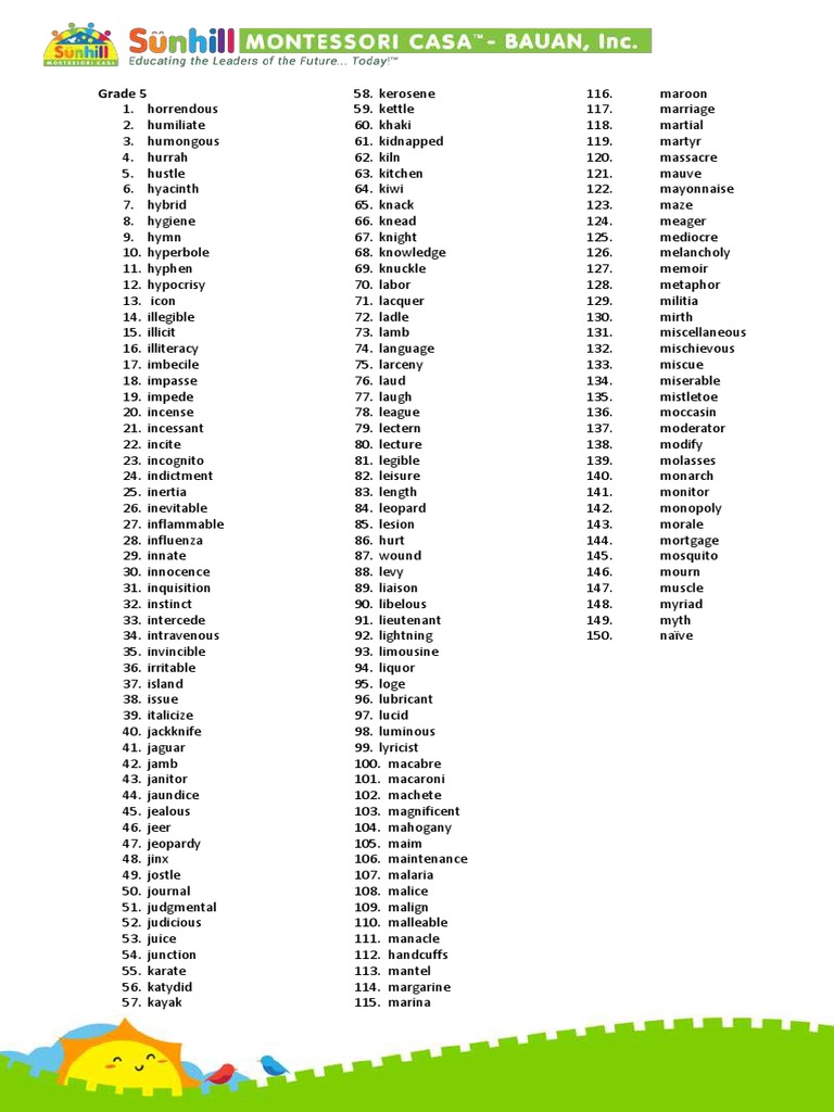 Grade 5 Spelling List | PDF