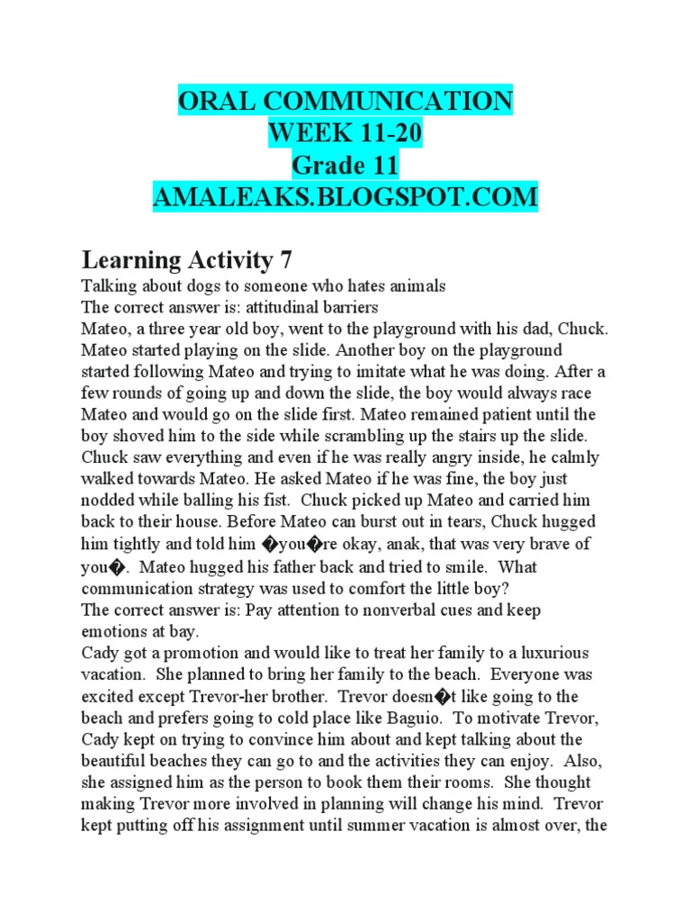 Grade 11 Oral Communication Insights | PDF | Nonverbal Communication ...