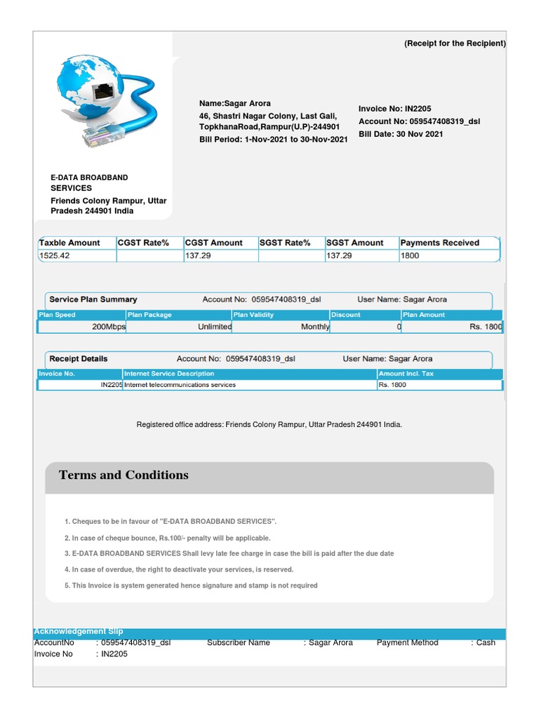 Internet Bill | PDF | Receipt | Invoice