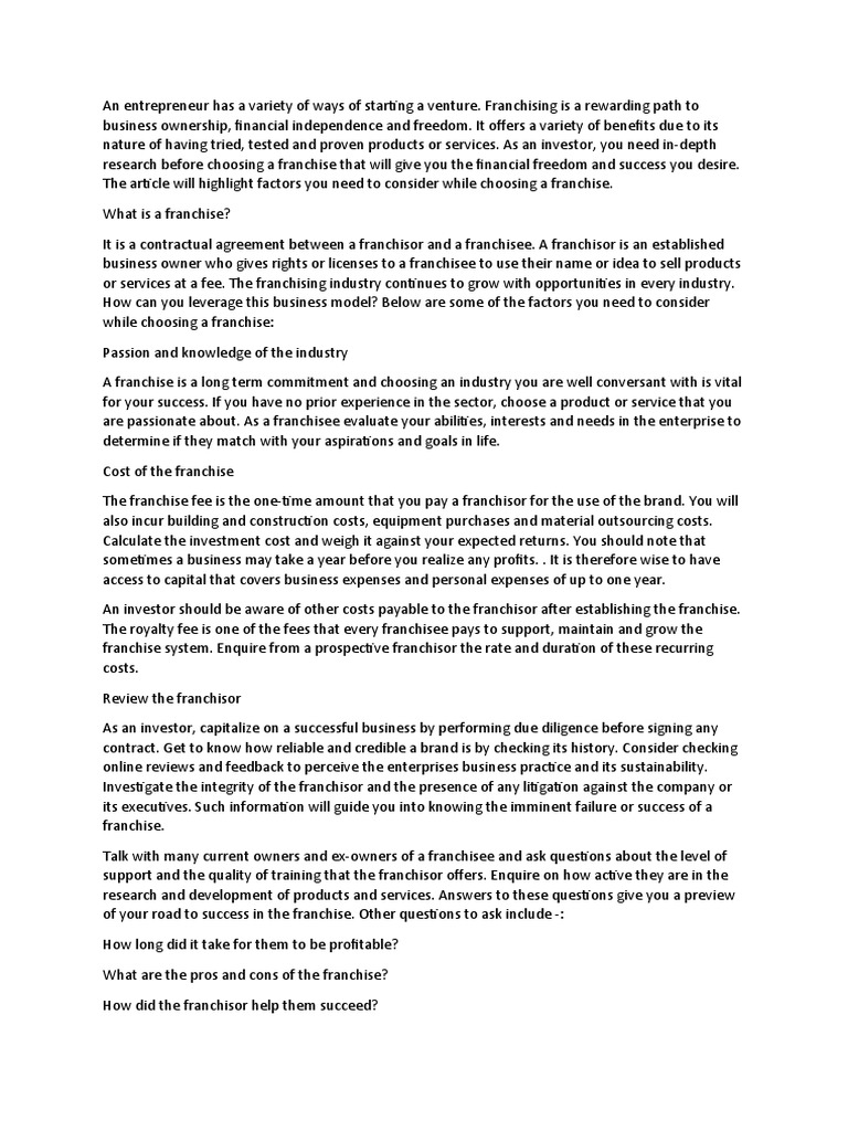 Key Factors in Choosing a Franchise | PDF | Franchising | Business