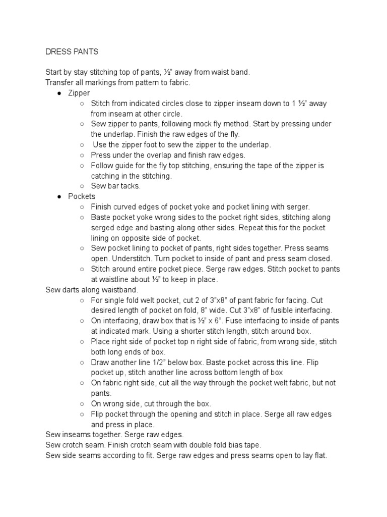Dress Pant Flow Chart | PDF | Seam (Sewing) | Textile Arts