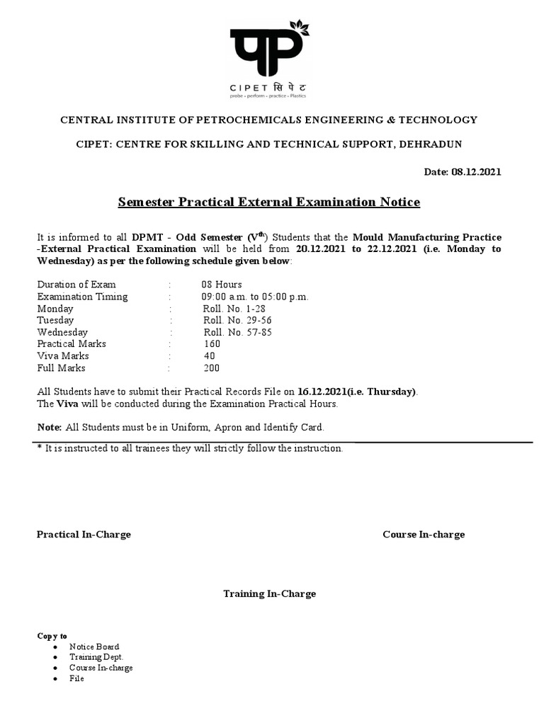 Semester Practical External Examination Notice: Notice Board Training ...