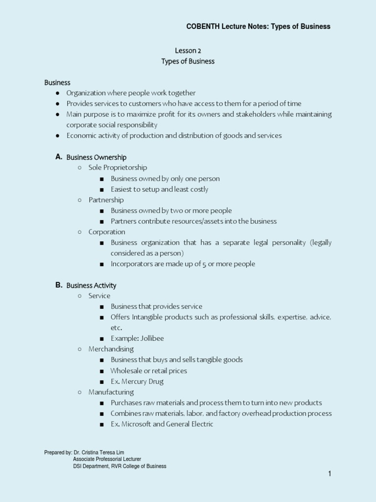 Lecture Notes 2 - Types of Business | PDF | Business | Taxes
