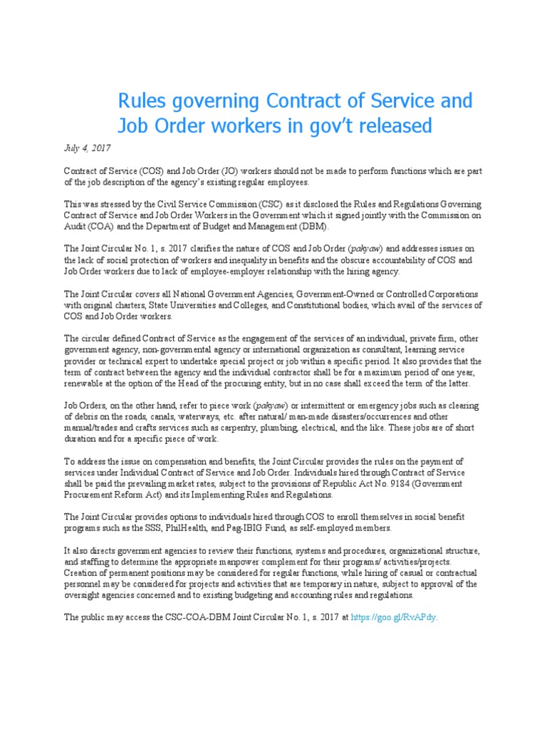 Rules Governing Contract of Service and Job Order Workers in Gov | PDF ...