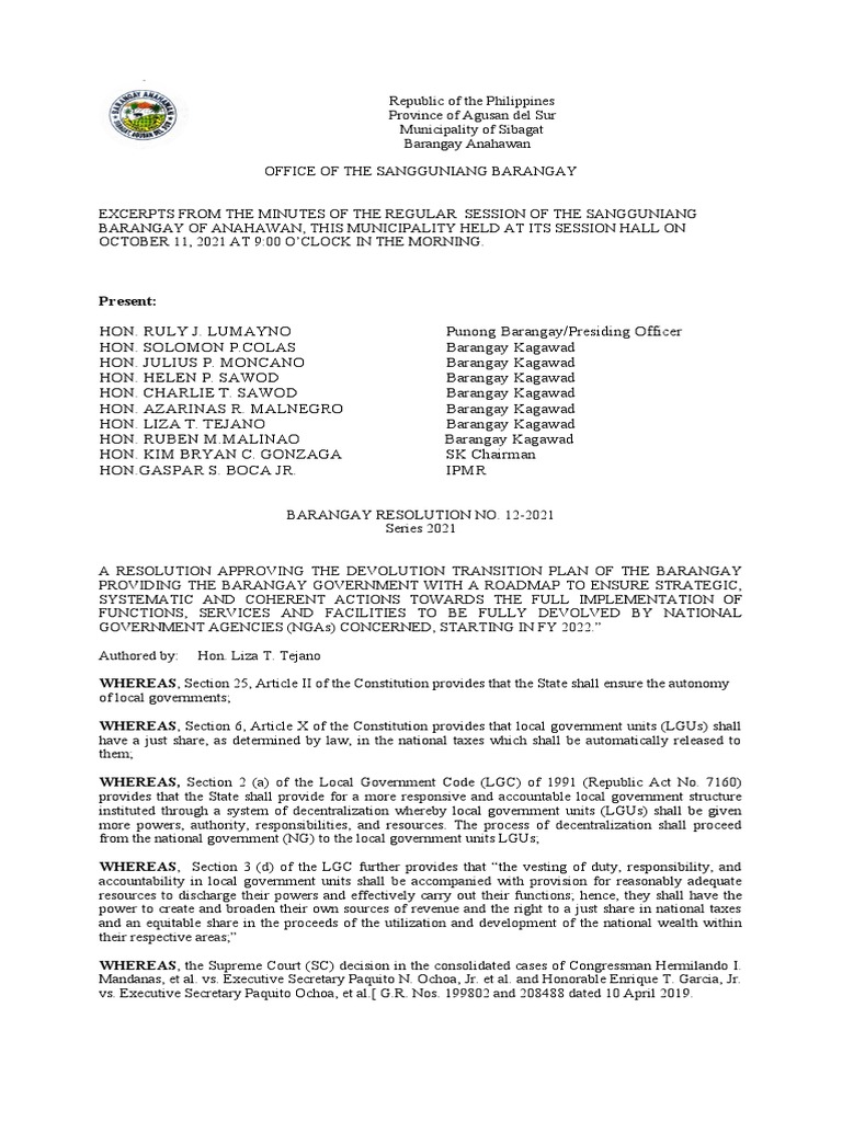 Resolution Approving DTP | PDF | Devolution | Policy