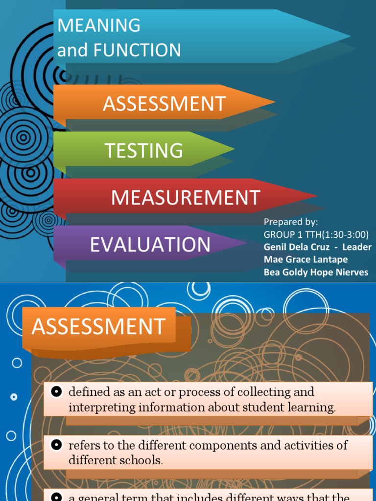 Meaning and Function: Assessment Testing Measurement Evaluation | PDF ...