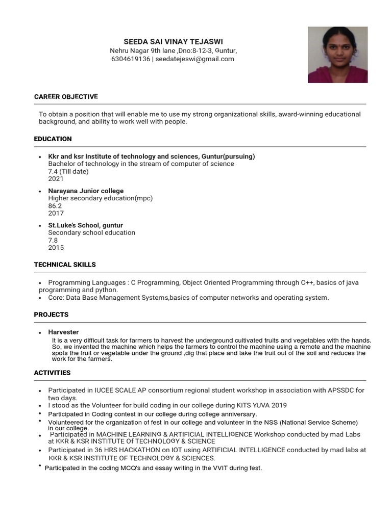 Seeda Sai Vinay Tejaswi: Career Objective | PDF | Computing