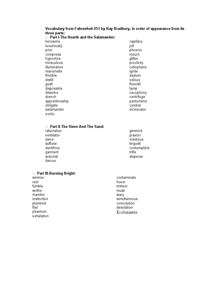 Vocabulary List from Fahrenheit 451 | PDF