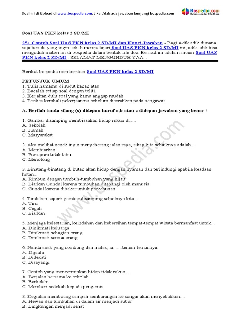25+ Contoh Soal UAS PKN Kelas 2 SD MI Dan Kunci Jawaban | PDF