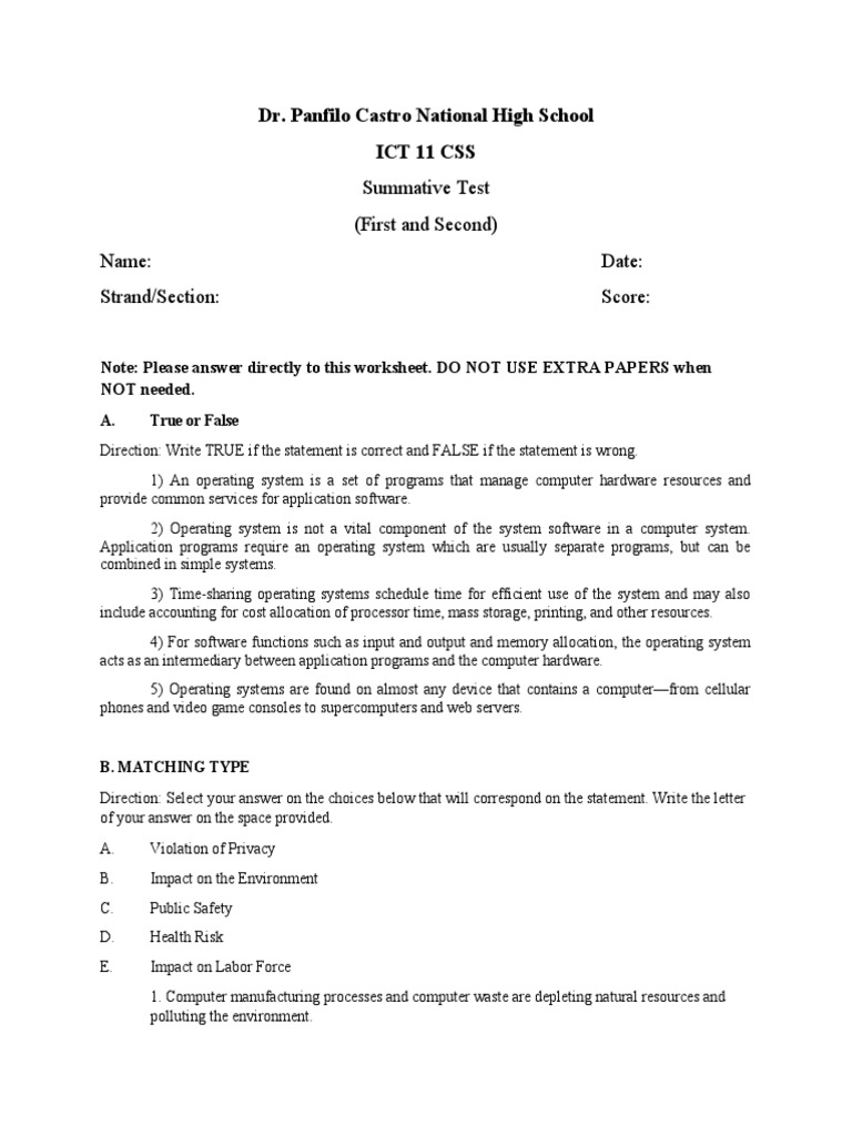 Ict 11 Css Summative Test Q1 Pdf Operating System Educational
