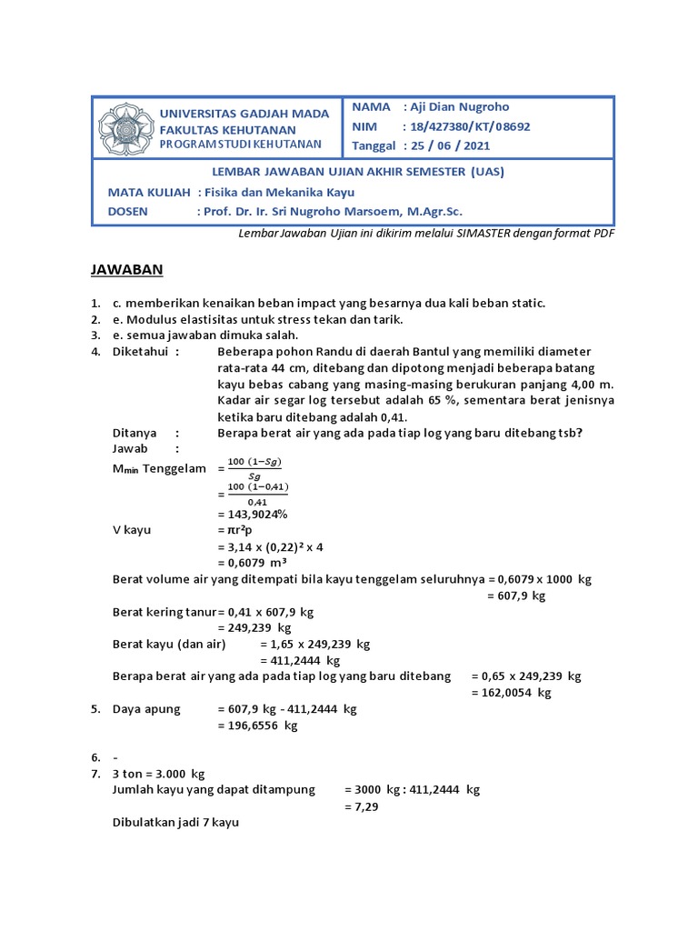UAS - Fisika Dan Mekanika Kayu - Aji Dian Nugroho - 08692 | PDF
