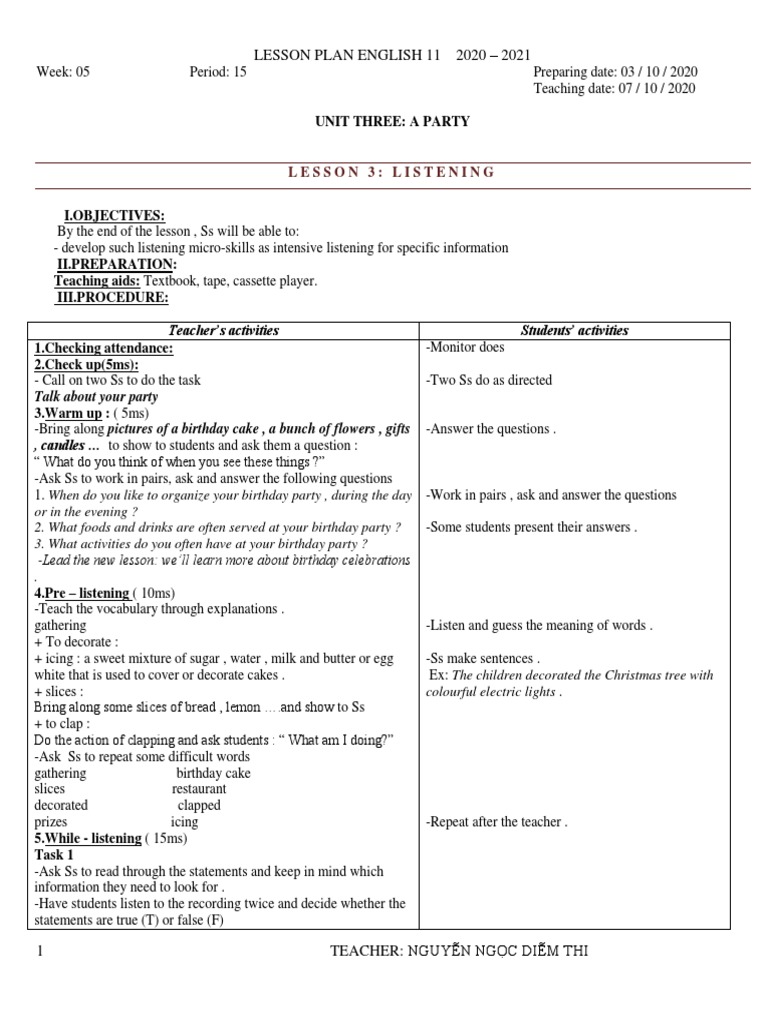 English 11 Lesson Plan: Listening Skills | PDF | Lesson Plan | Cognition