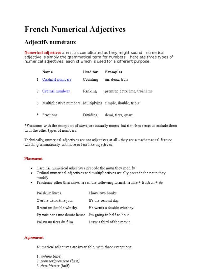 French Numerical Adjectives Explained | PDF | Adjective | Fraction ...