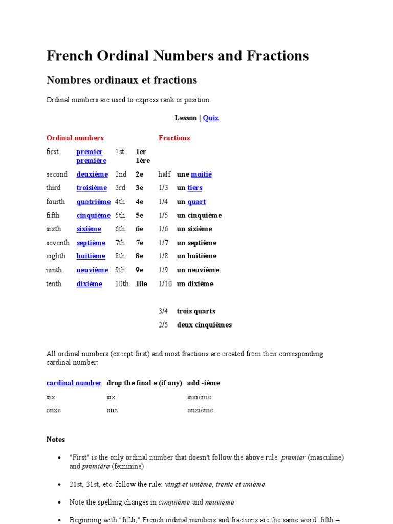 French Ordinal Numbers and Fractions | PDF