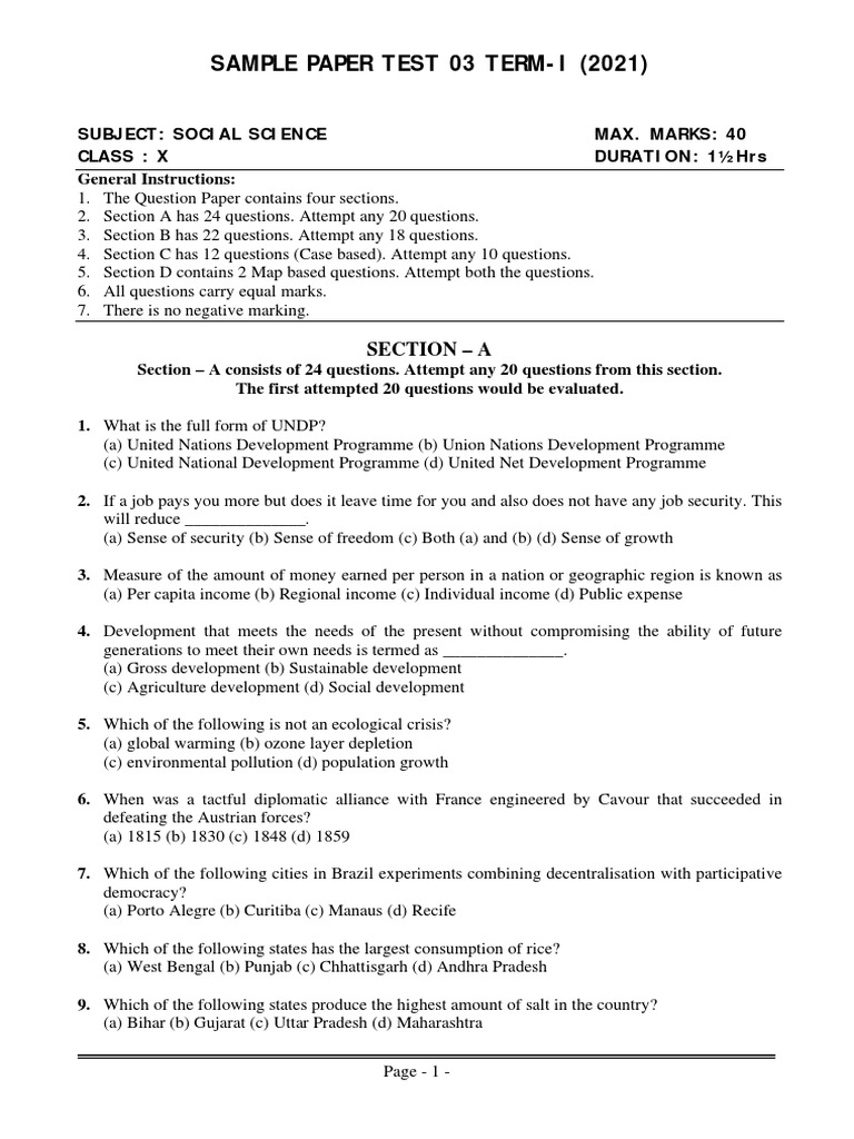 Social Science Class X Sample Paper Test 03 Term I | PDF