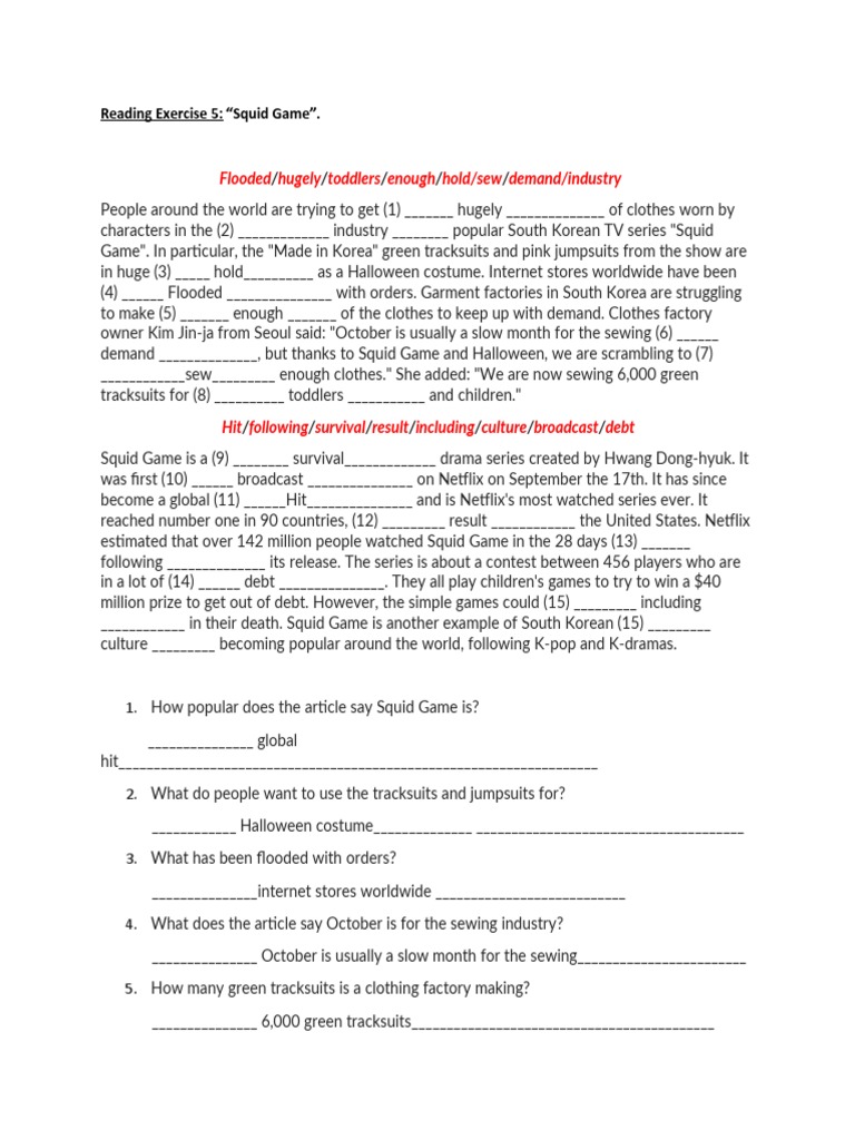 Reading Exercise 5 Squid Game | PDF | Clothing