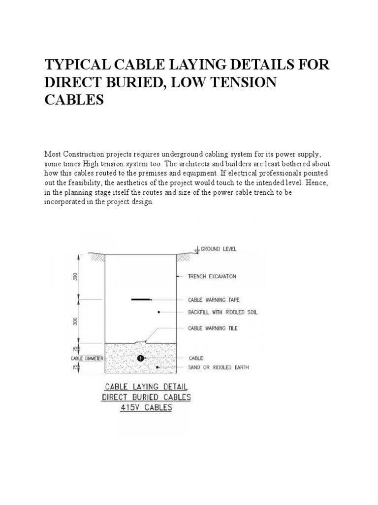 Typical Cable Laying Details For Direct Buried, Low Tension Cables ...