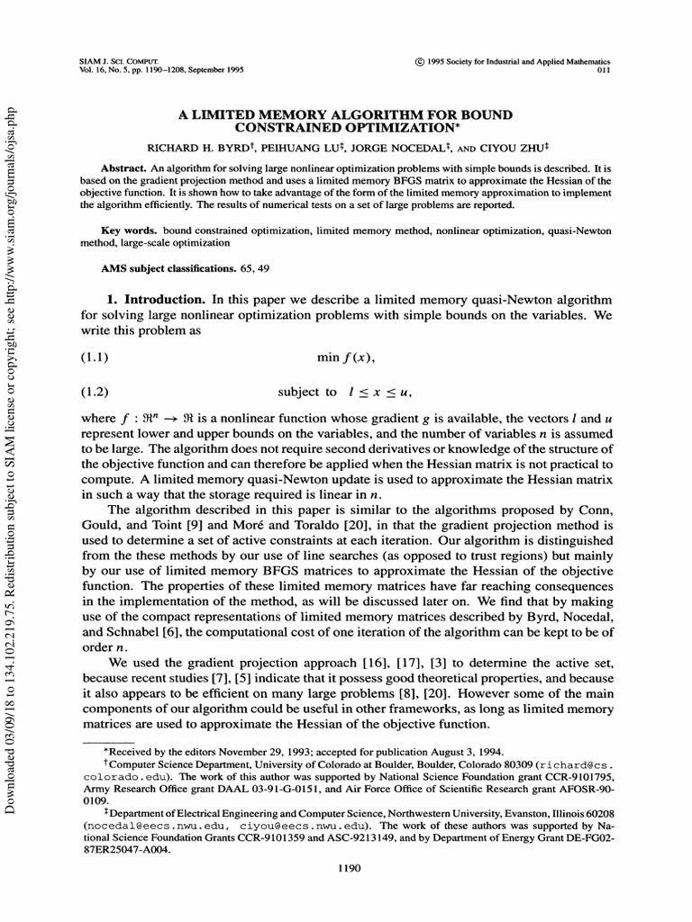 A Limited T,: Memory Algorithm For Bound Constrained T, T | Download Free PDF | Mathematical ...