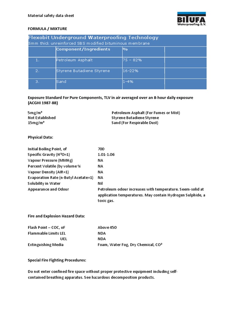 Material Safety Data Sheet Flexobit Underground Waterproofing | PDF ...
