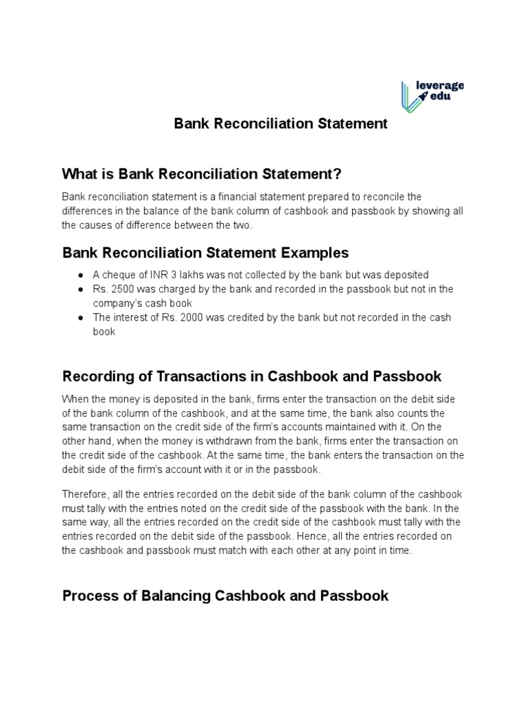 Bank Reconciliation Statement PDF | PDF | Banks | Debits And Credits