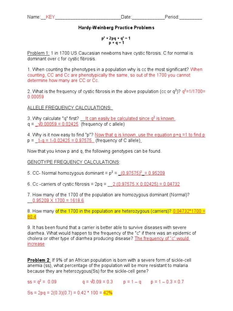 Hardy-Weinberg Practice Problems Worksheet | PDF | Zygosity | Dominance ...