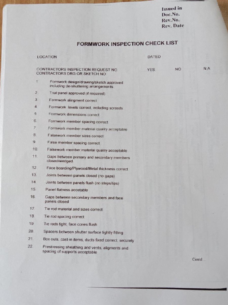 Formwork Inspection Checklist | PDF